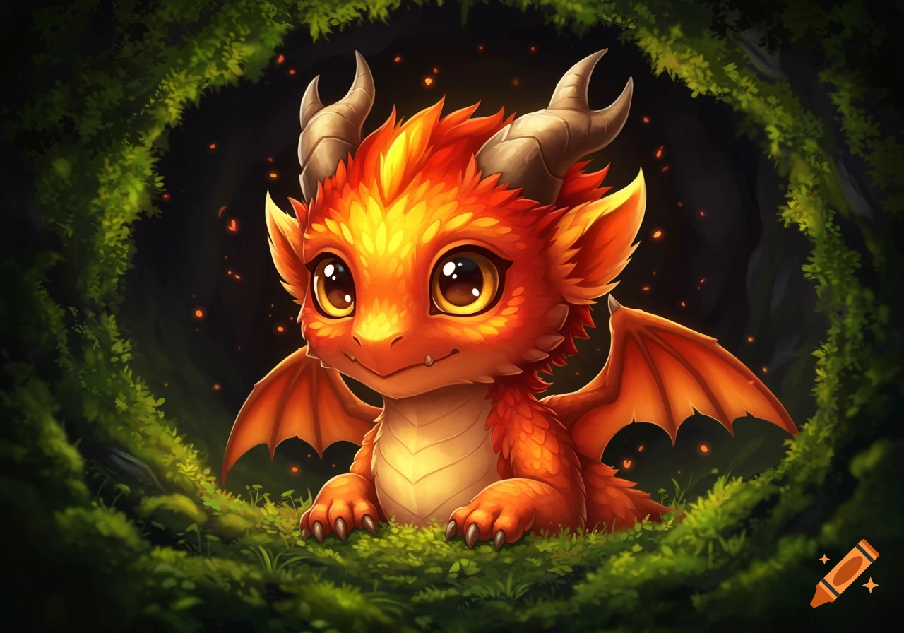 Cute baby fire dragon in a forest clearing, digital illustration. on ...