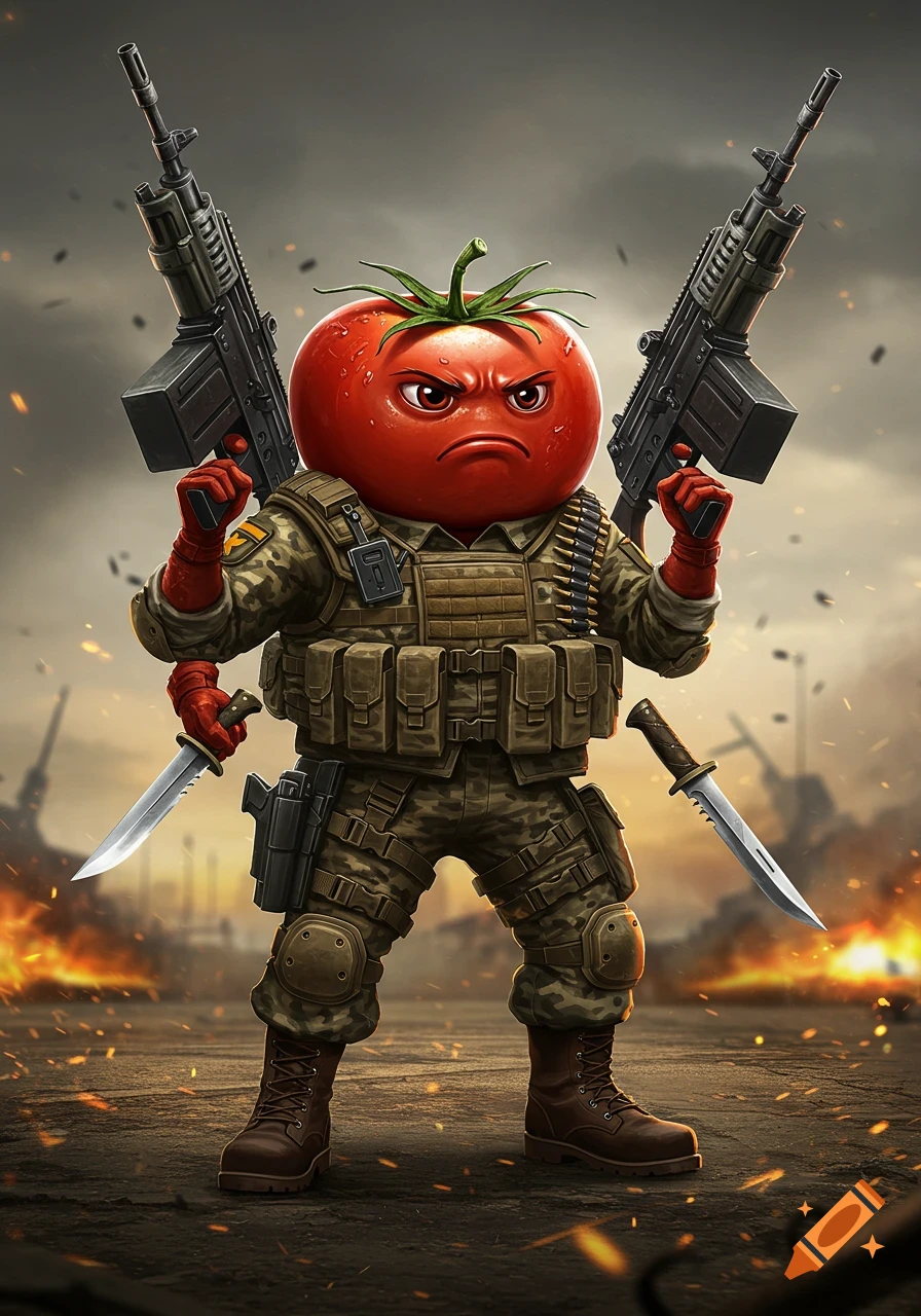 Cartoon tomato soldier holds two machine guns and two knives in a ...