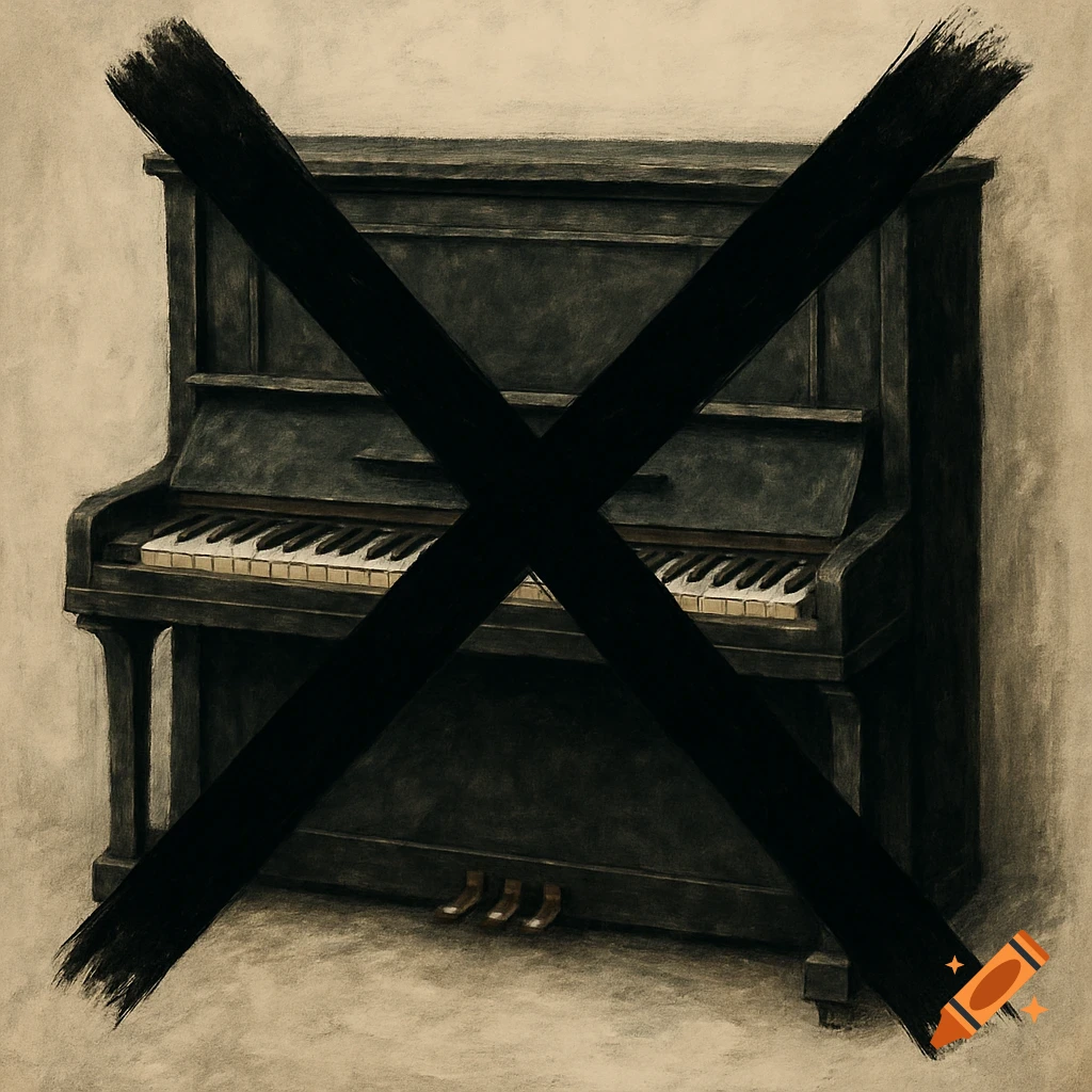 Drawing of an upright piano with a bold black X across it. on Craiyon