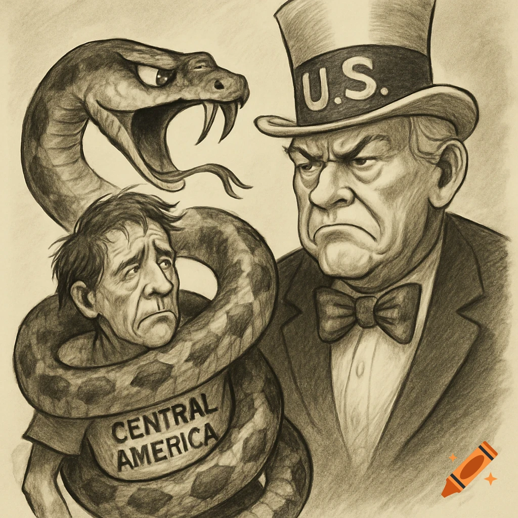 Political cartoon of a man labeled 'CENTRAL AMERICA' constricted by a ...