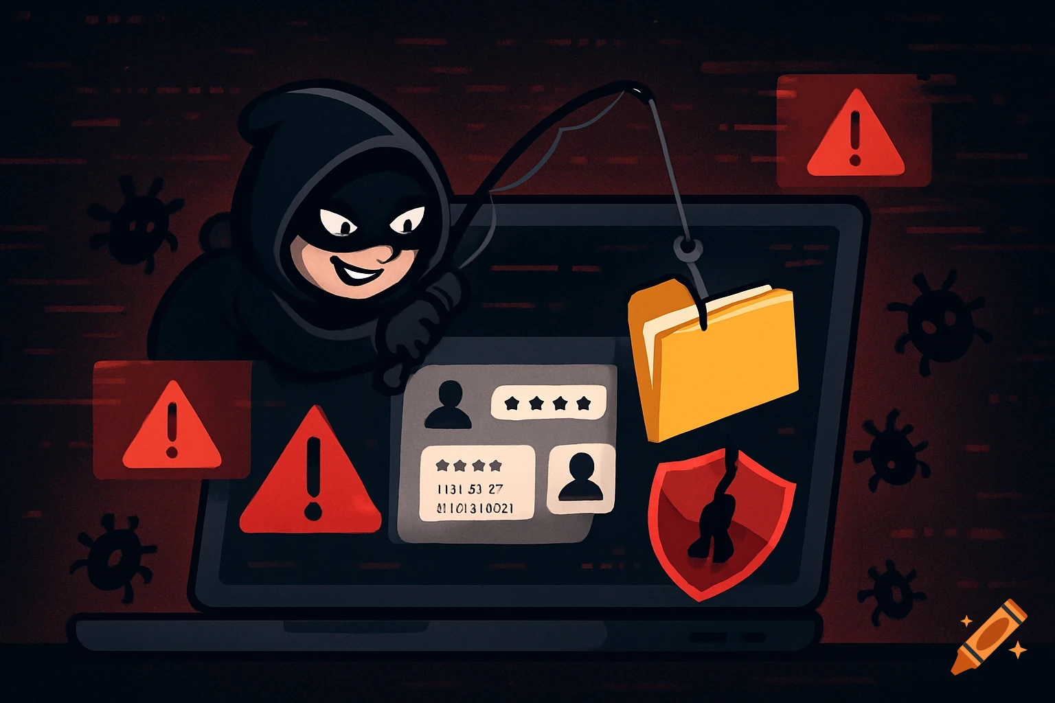 Cartoon hacker uses a fishing rod to steal data from a laptop ...