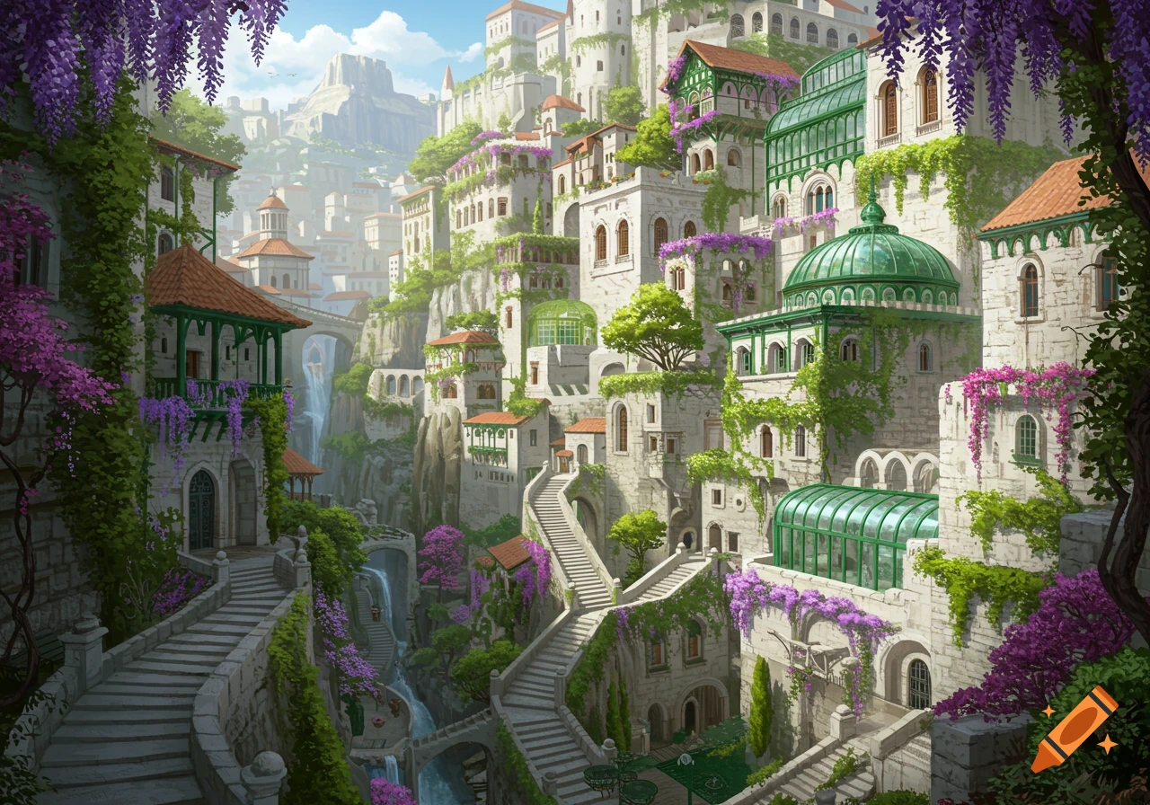 A fantasy city built on a steep mountainside with pale stone buildings ...