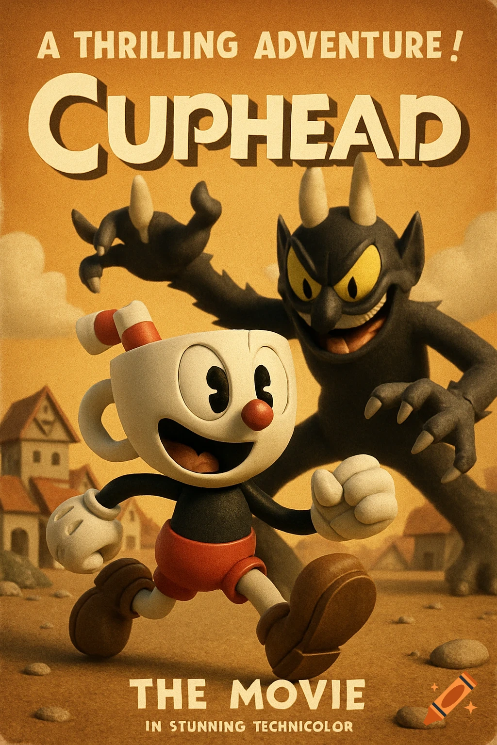 Movie poster for Cuphead featuring Cuphead and the Devil in a 3D ...
