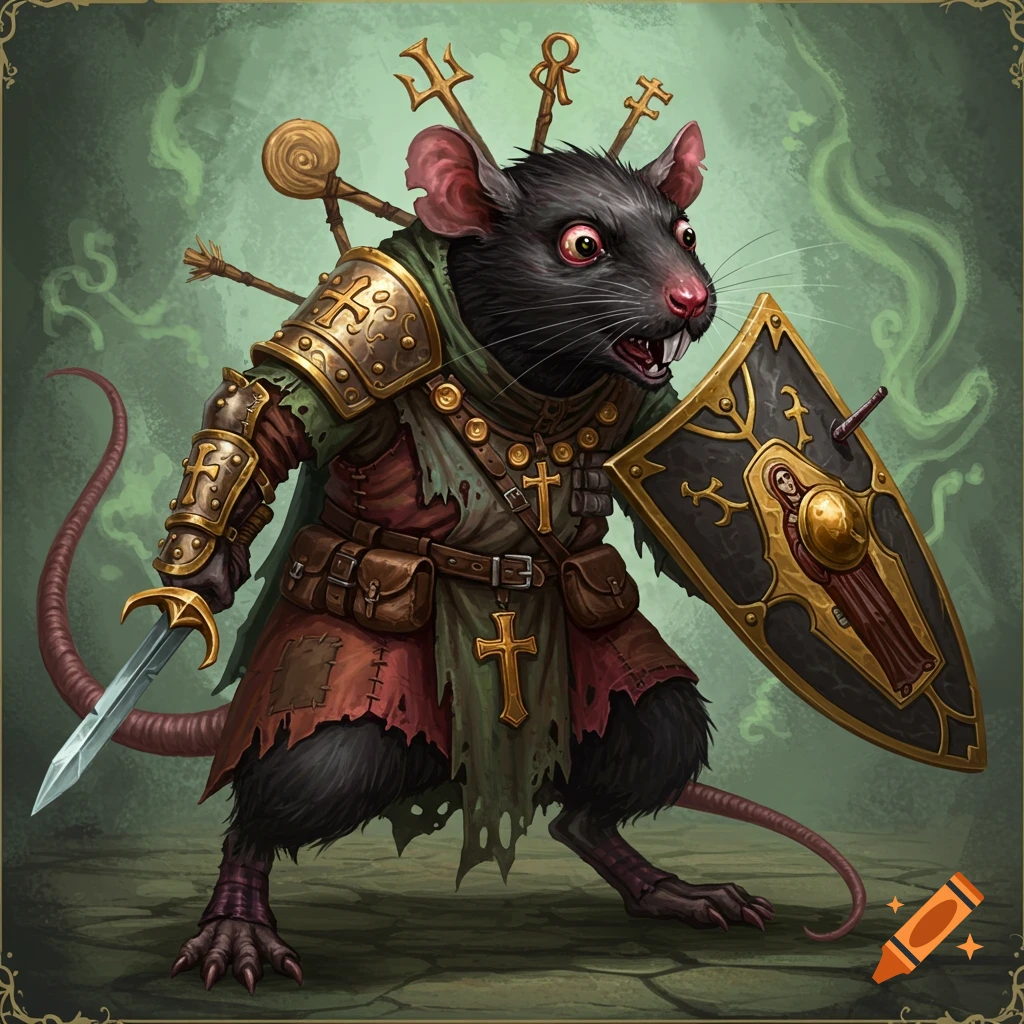 Anthropomorphic black rat battle cleric in fantasy armor with sword and ...