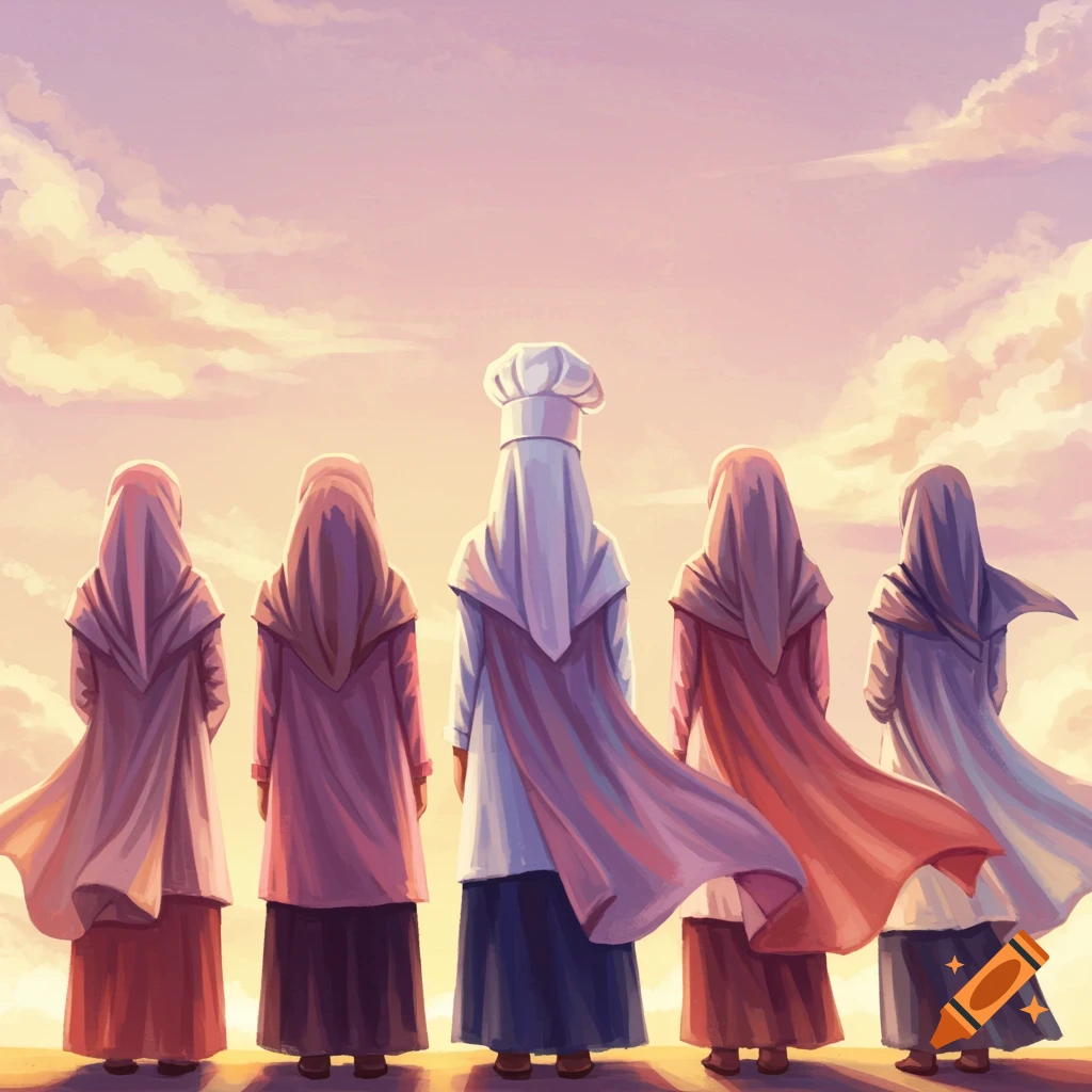 Five figures in hijabs, the middle one a chef, stand with backs to viewer looking at a sunset ...