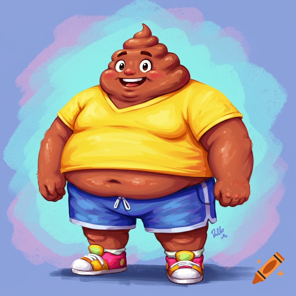 A smiling, fat cartoon character shaped like a pile of poop wearing a ...