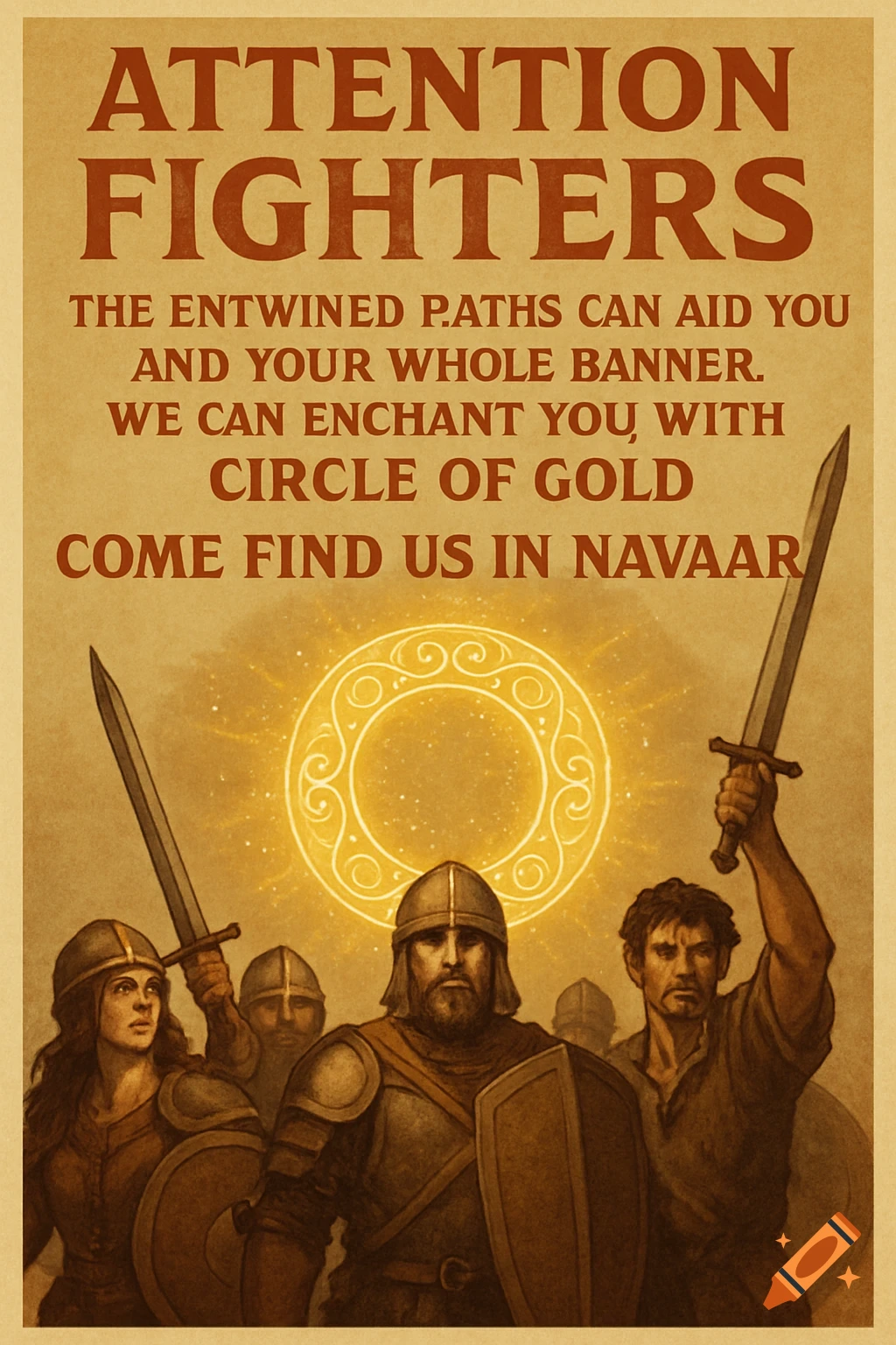 Fantasy poster with a group of armed fighters standing beneath a ...