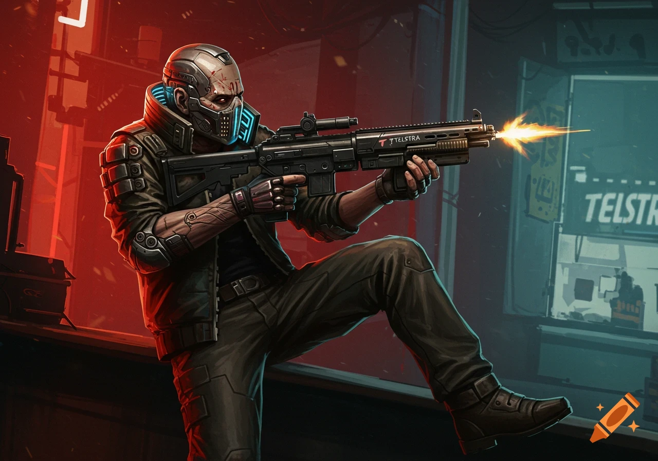 Cyberpunk mercenary with a cybernetic arm fires a futuristic rifle in a ...