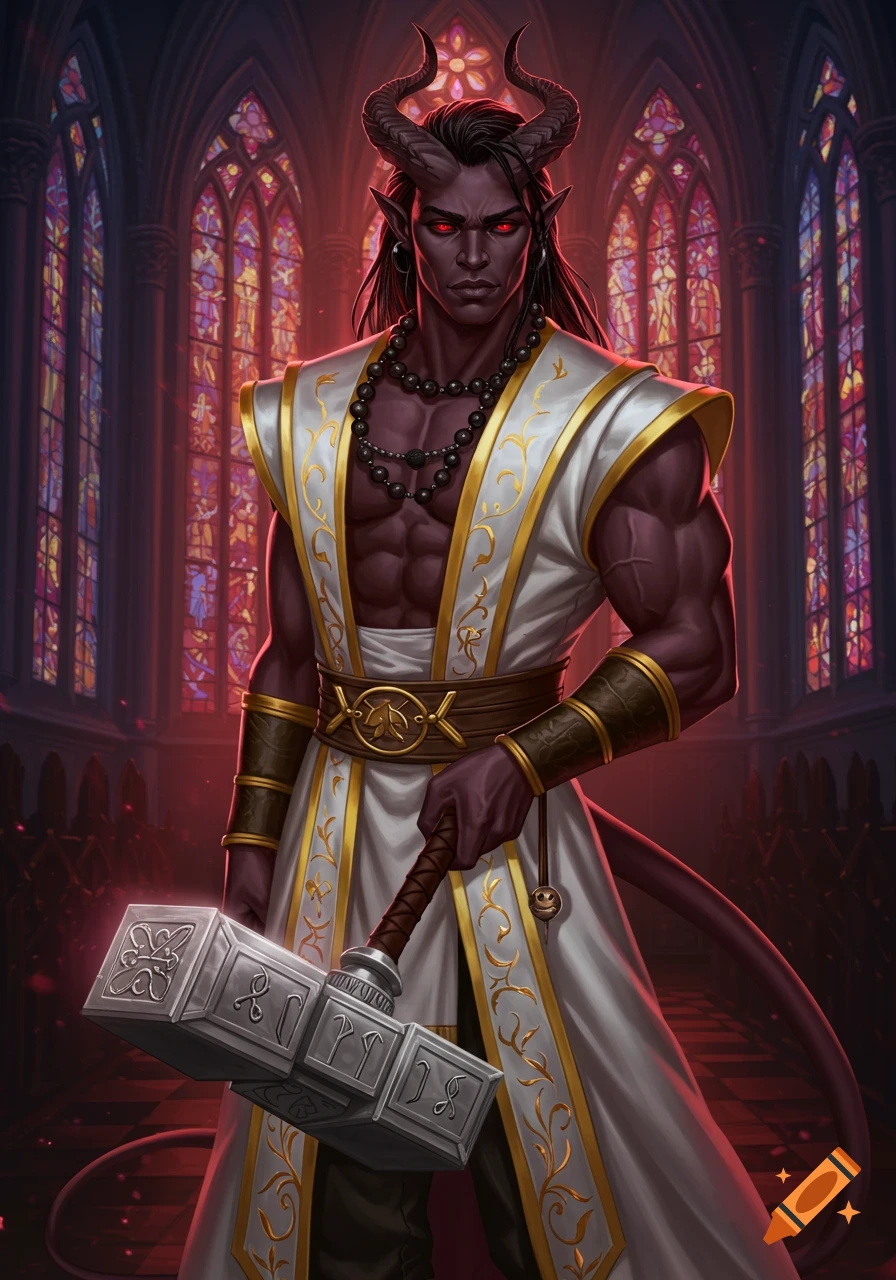 A muscular tiefling in white and gold robes holds a runic hammer in a ...