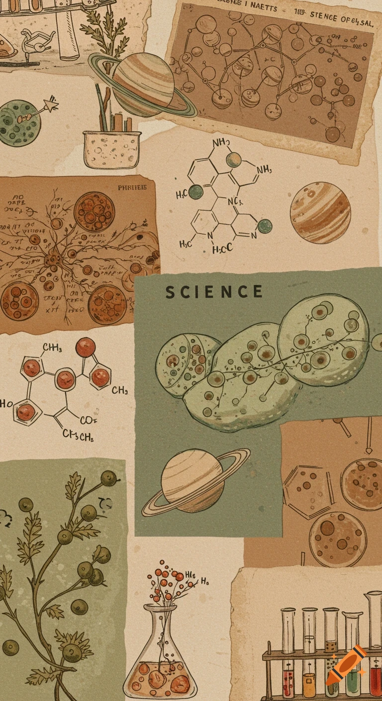 Vintage science collage with chemical structures, planets, plants, and ...