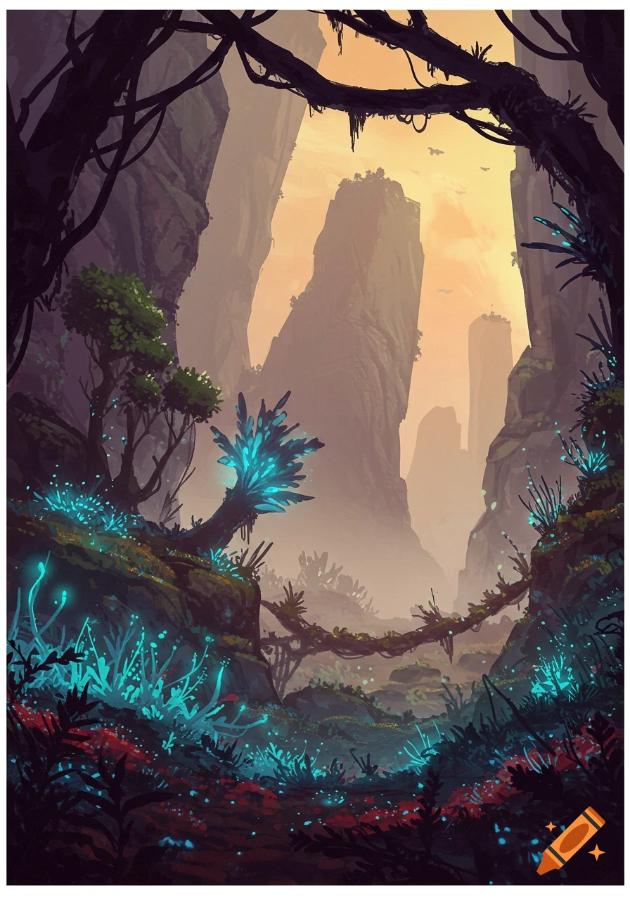 A fantasy landscape painting with glowing blue plants, rocky cliffs ...