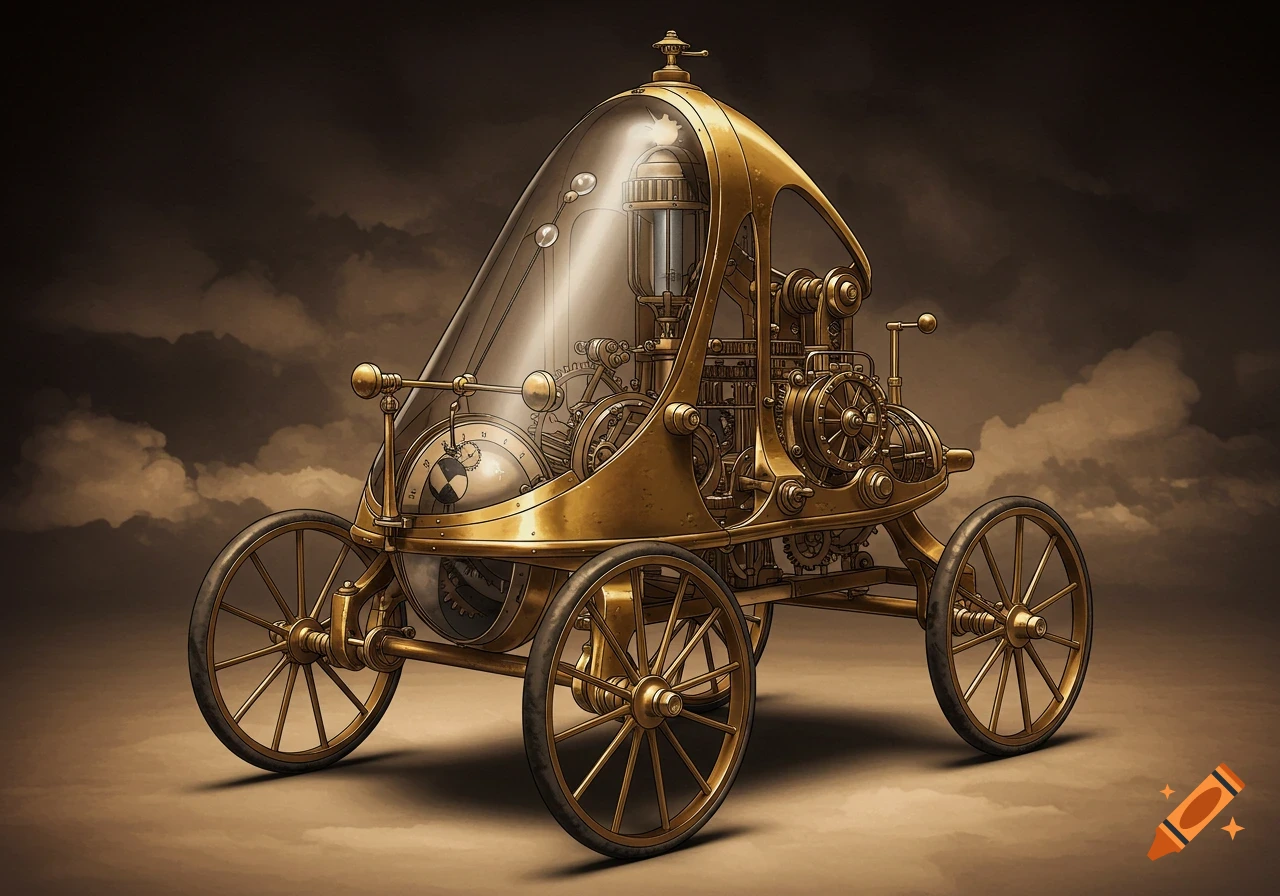 A detailed golden steampunk time machine vehicle with a glass dome. on ...