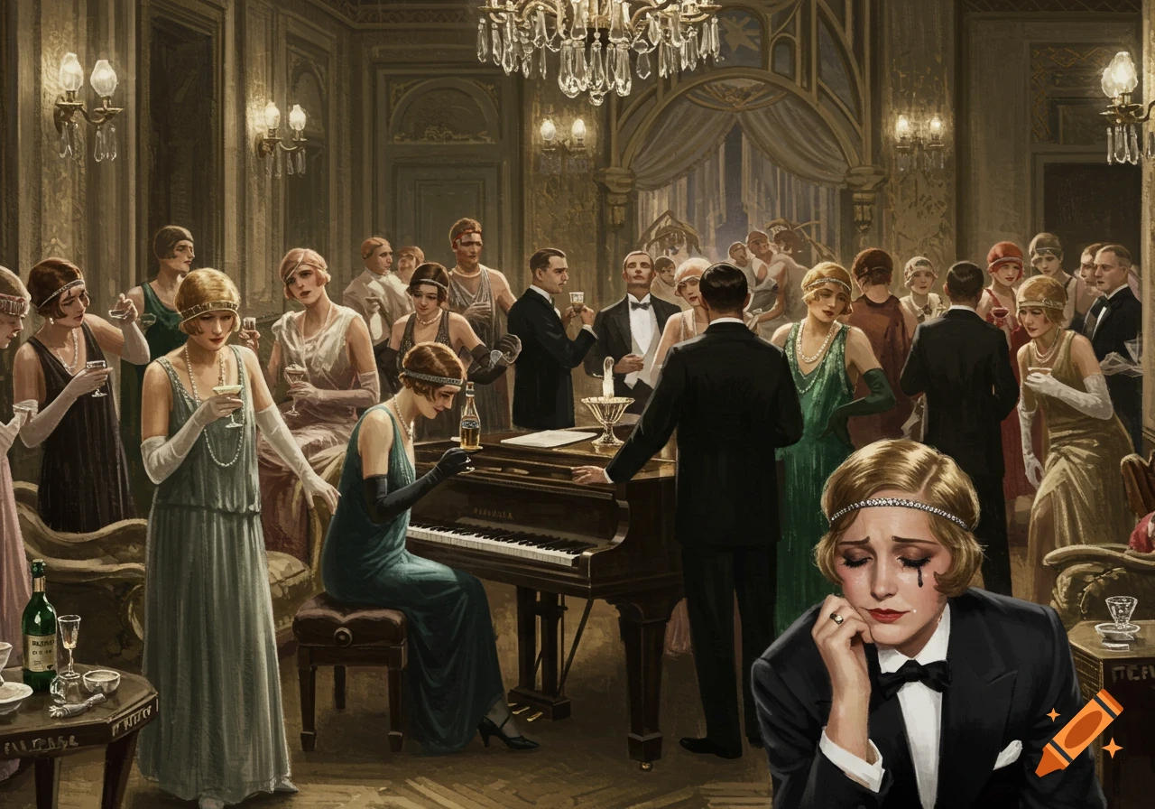 Illustration of a busy Gatsby-style party with flappers and men in ...
