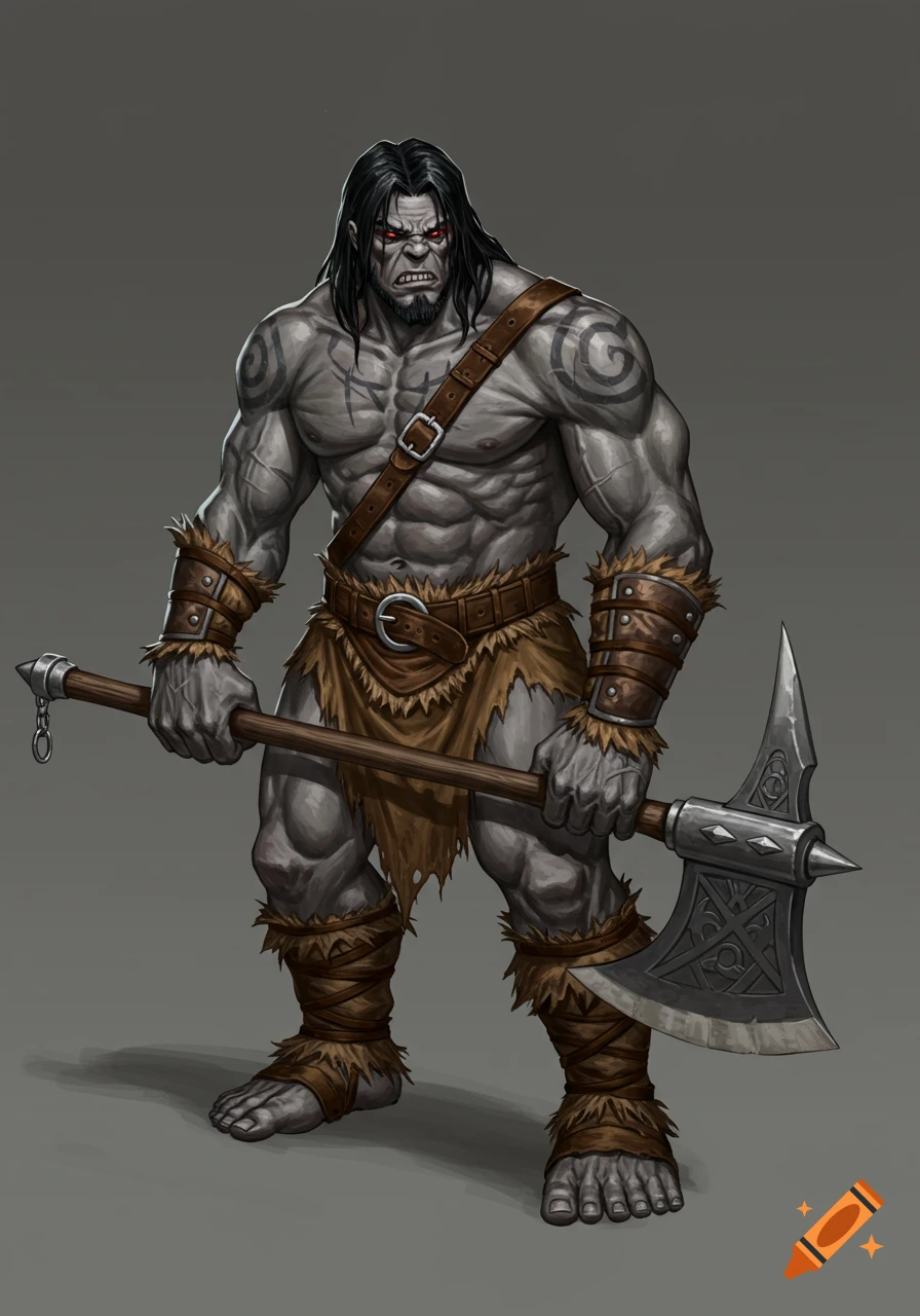 A large, muscular grey-skinned fantasy barbarian character holding a greataxe. on Craiyon