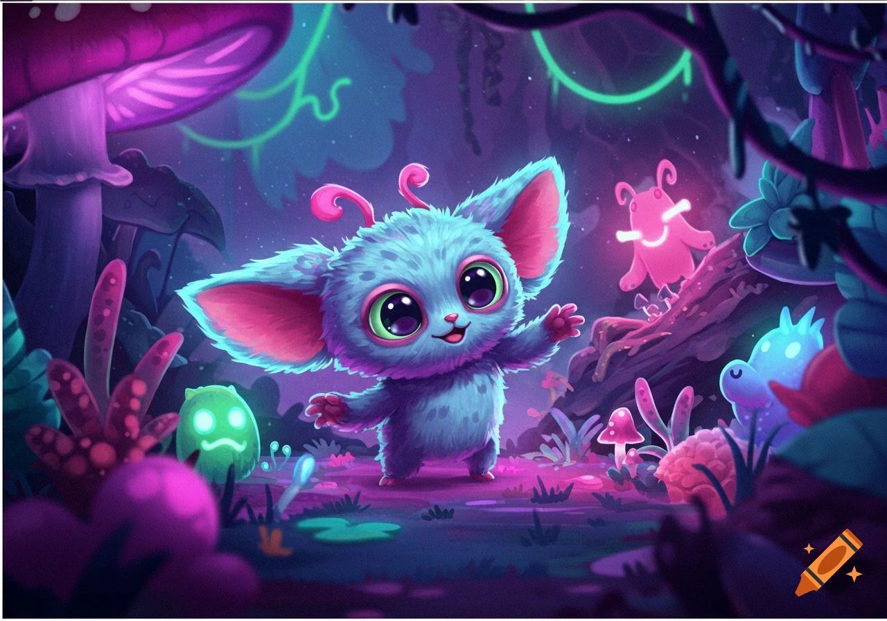 Cute blue fuzzy creature in a glowing purple fantasy forest. on Craiyon