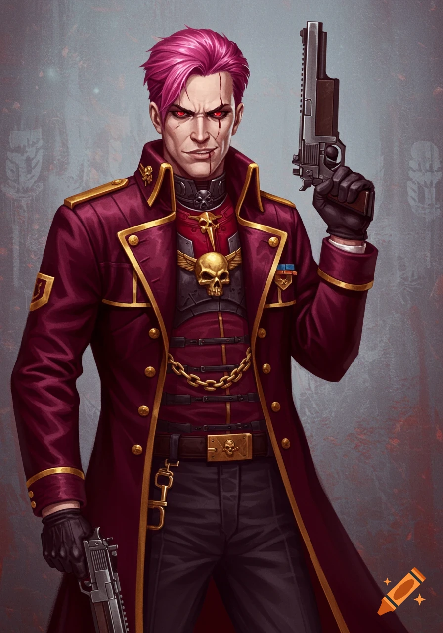Fantasy character with pink hair, red eyes, burgundy coat, and two ...