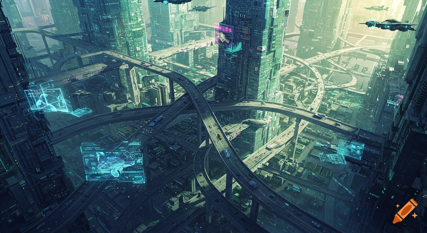 Overhead view of a futuristic sci-fi city with elevated highways, skyscrapers, and flying ...