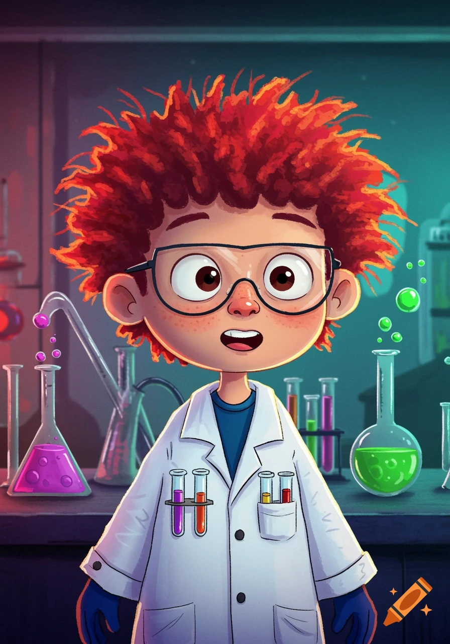 Cartoon boy scientist in a lab coat with test tubes in a laboratory. on ...
