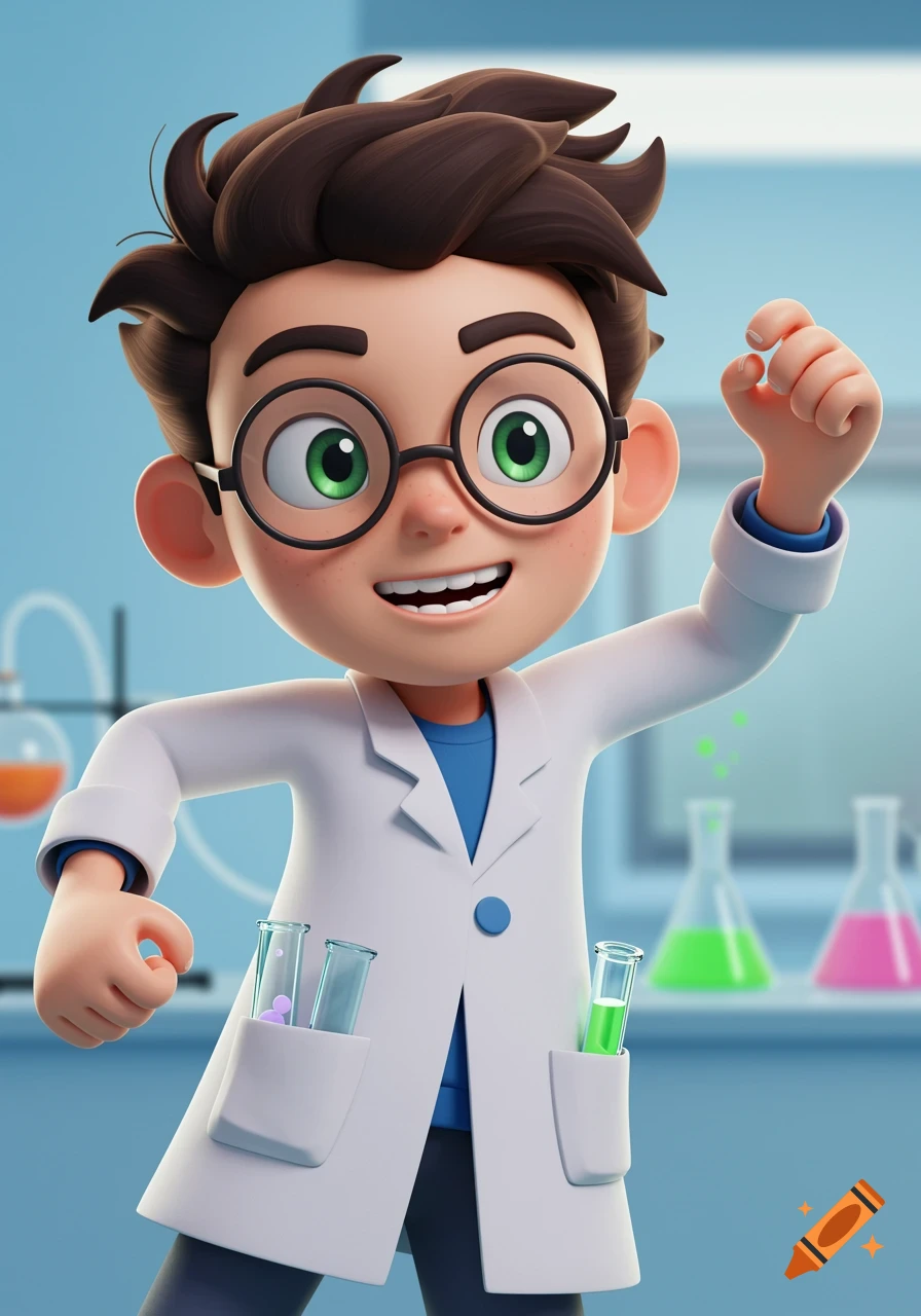 Animated boy scientist in lab coat holding test tubes in a laboratory ...