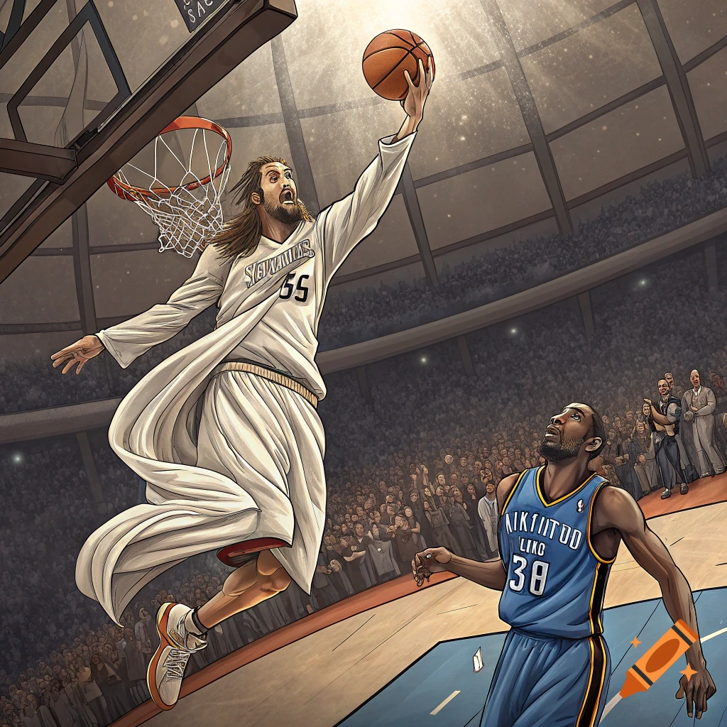 Illustration of Jesus slam dunking a basketball over an opponent in a ...