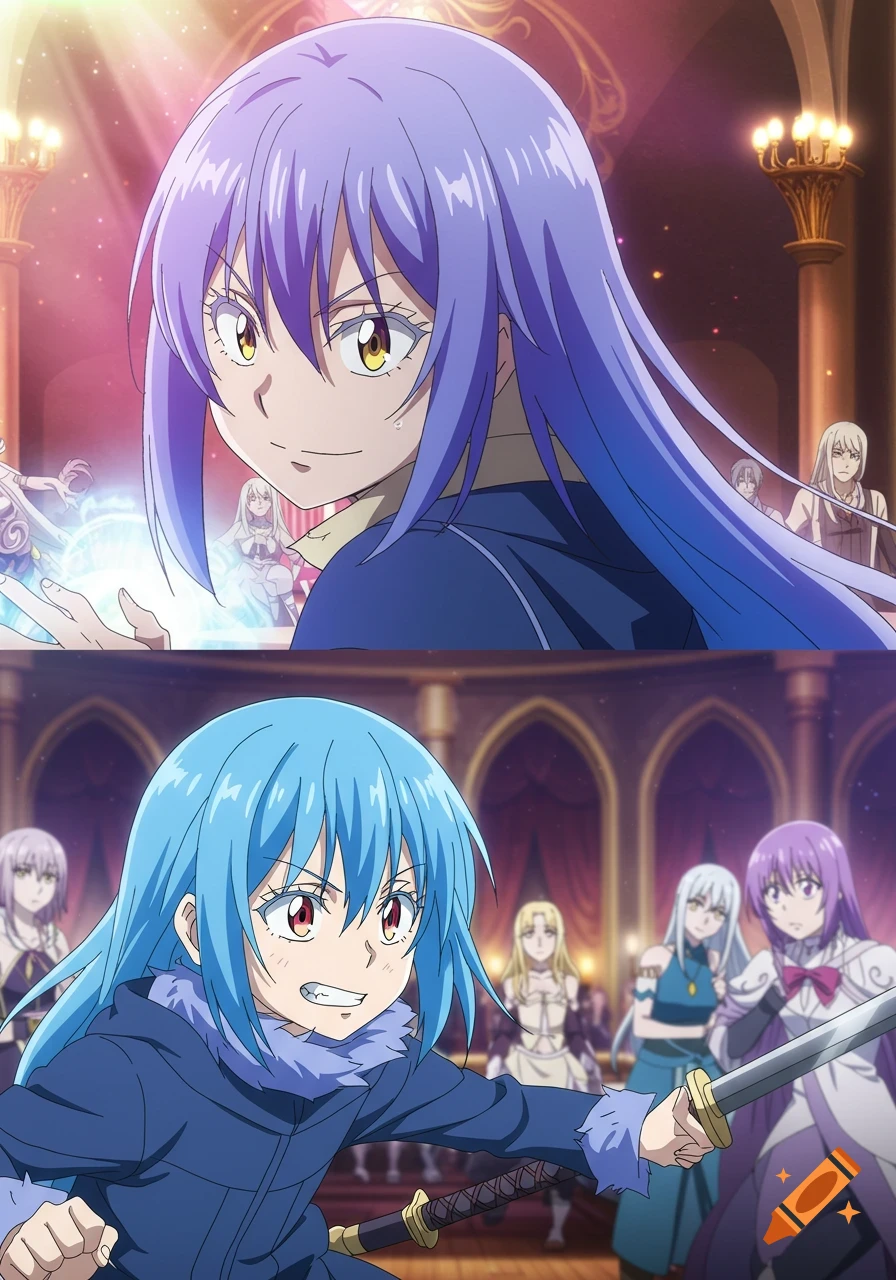 Anime characters with purple and blue hair fighting in a hall with ...