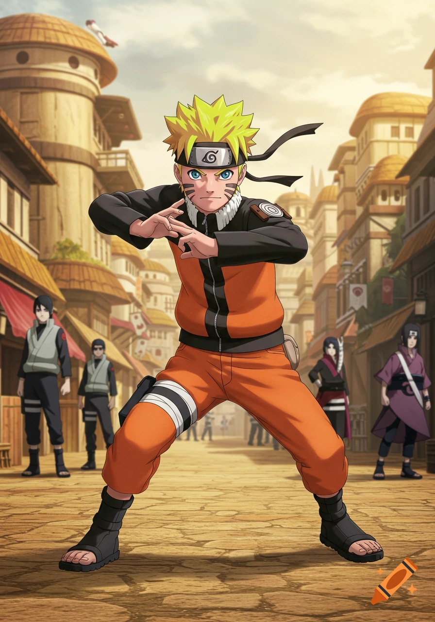 Naruto Uzumaki in his signature pose in a village street, anime style ...