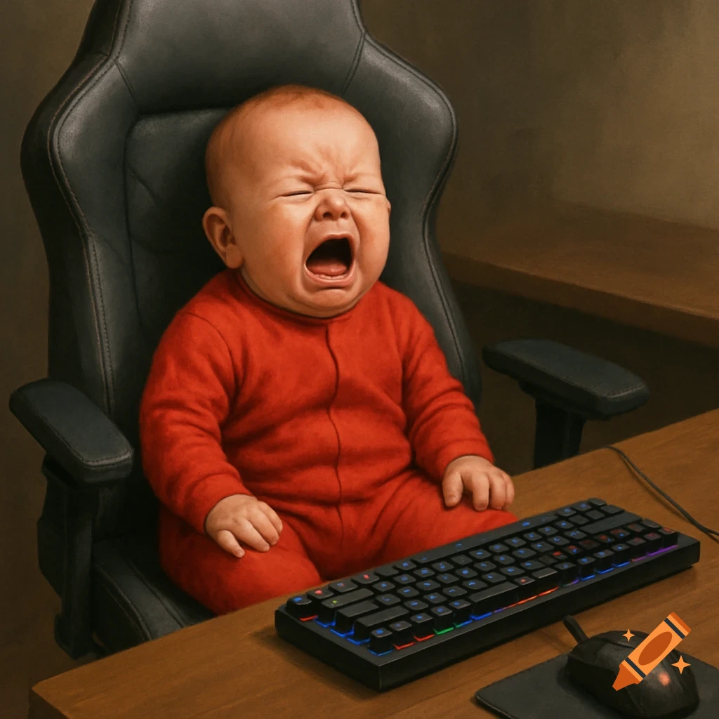 A crying baby in a large gaming chair sits in front of a keyboard and ...