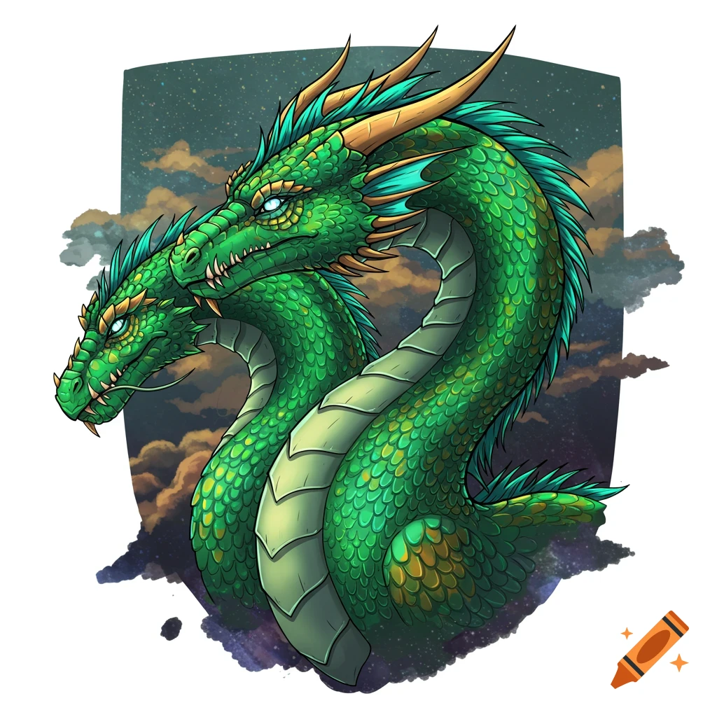Illustration of a two-headed green dragon bust against a starry sky. on ...