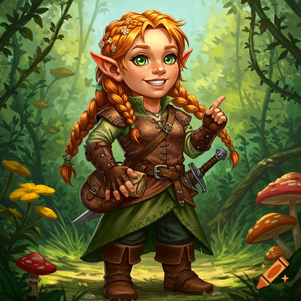 Fantasy illustration of a smiling red-haired gnome or elf adventurer in ...