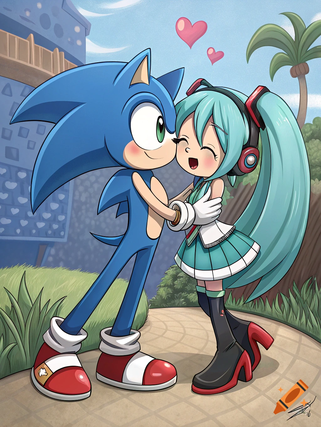 Cartoon of Sonic the Hedgehog and Hatsune Miku kissing outdoors on Craiyon