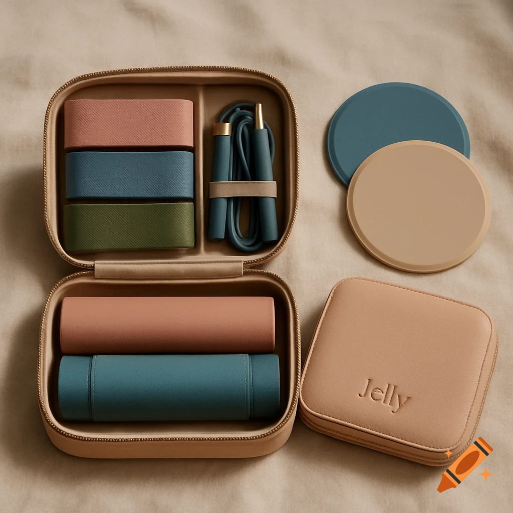 A luxurious travel fitness kit with pastel resistance bands, jump rope ...