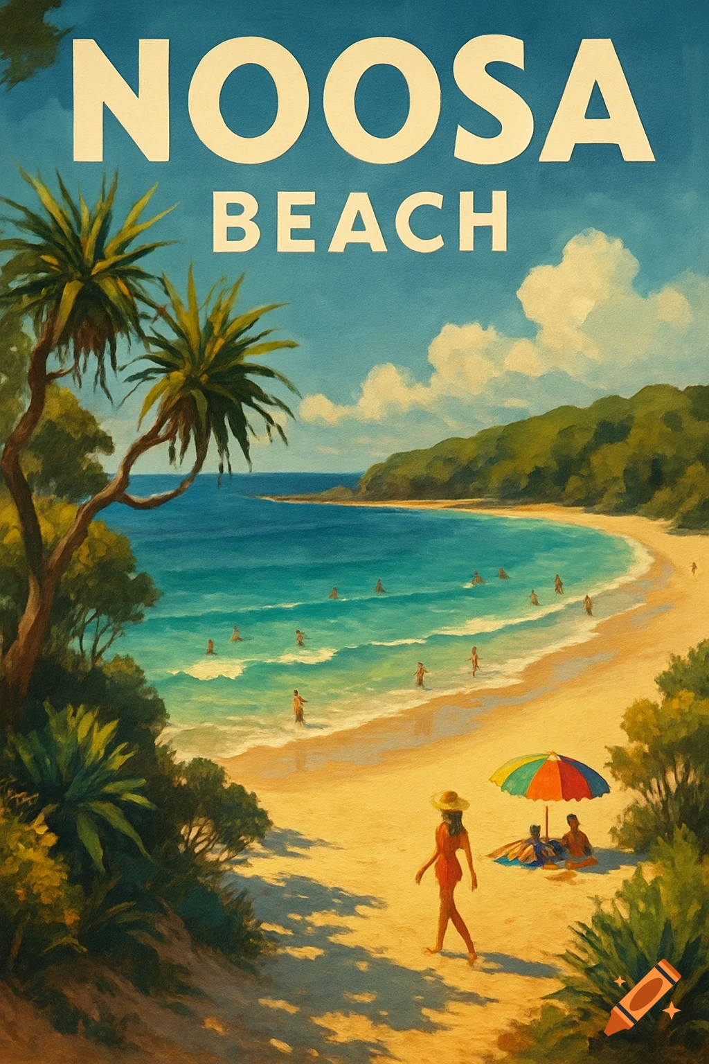 Painted poster of a sunny beach with palm trees and swimmers, text ...