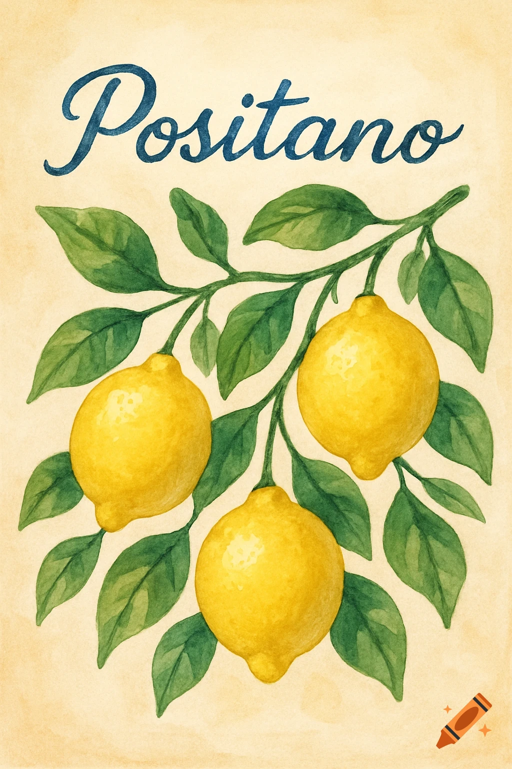 Watercolor illustration of lemons on a branch with green leaves and the ...