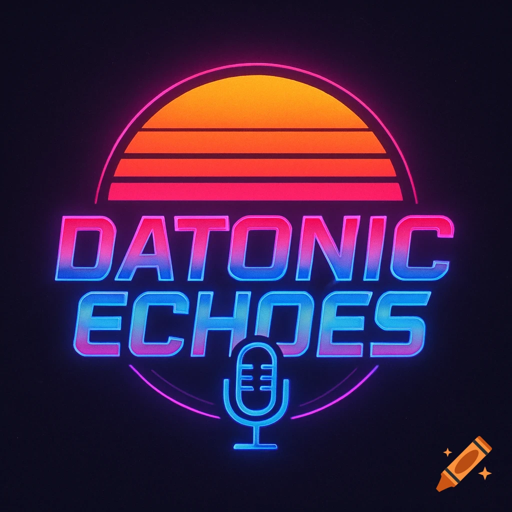Retro synthwave logo with a sunset graphic, text "Datonic Echoes" and a ...