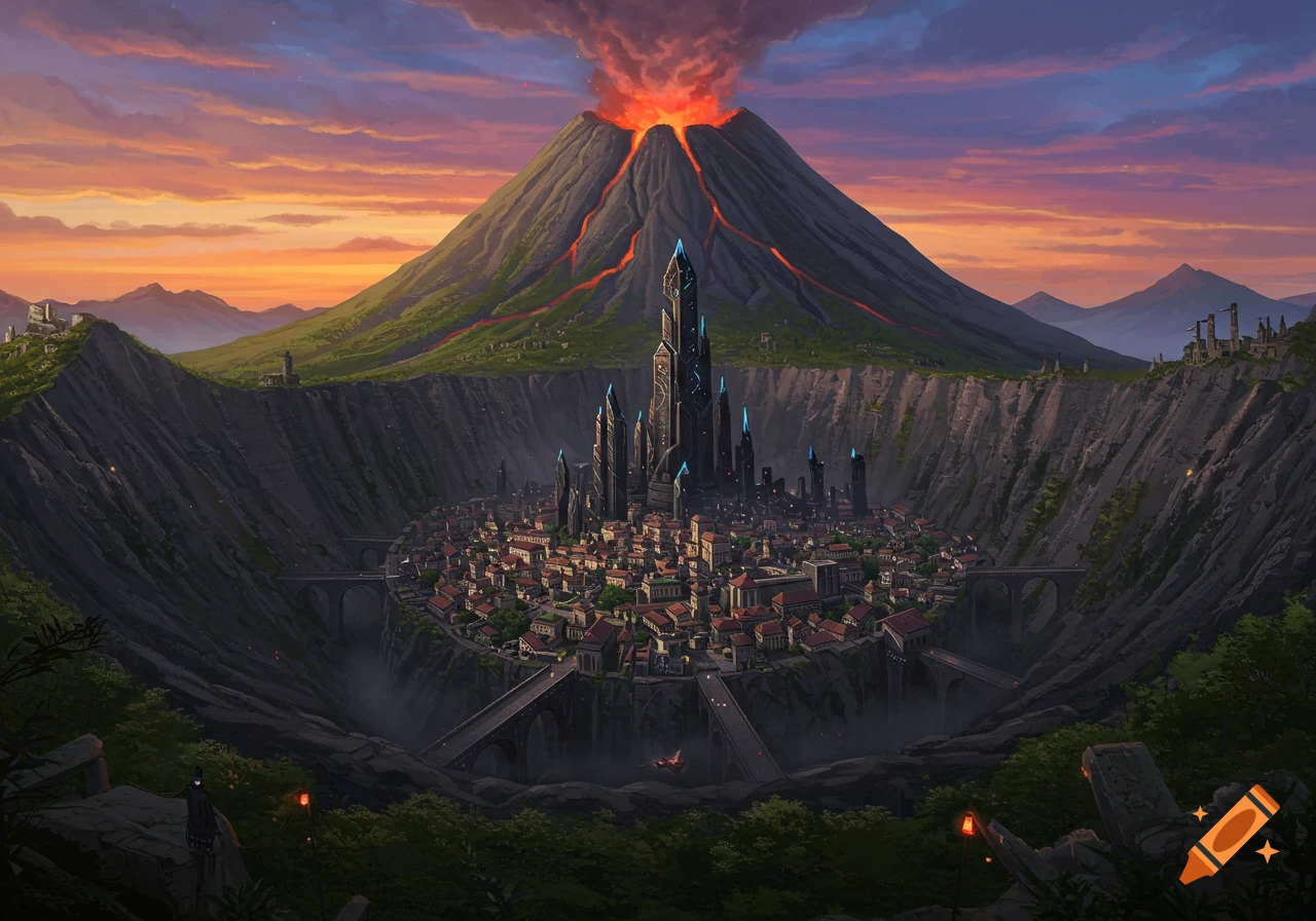 A fantasy city built inside a volcanic crater, with an erupting volcano ...