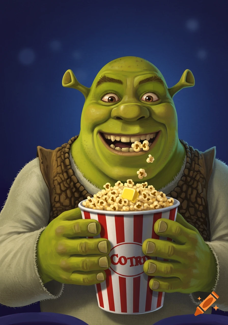 Shrek smiles while holding a large bucket of popcorn on Craiyon