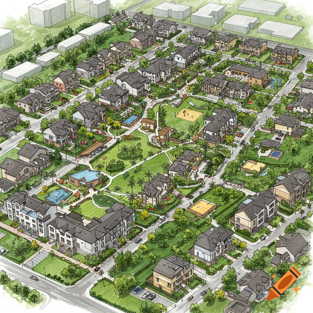 Aerial sketch of a planned residential neighborhood with houses ...