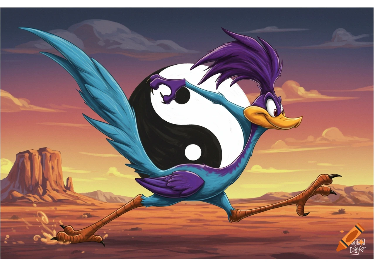 Road Runner cartoon character with a large Yin Yang symbol running ...