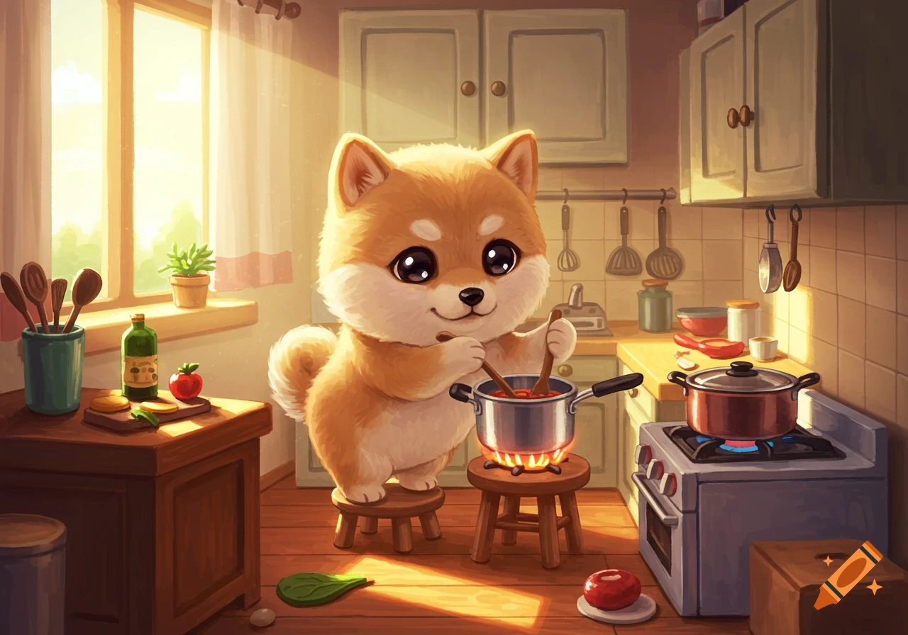 A cute cartoon shiba dog cooks in a sunny kitchen on Craiyon