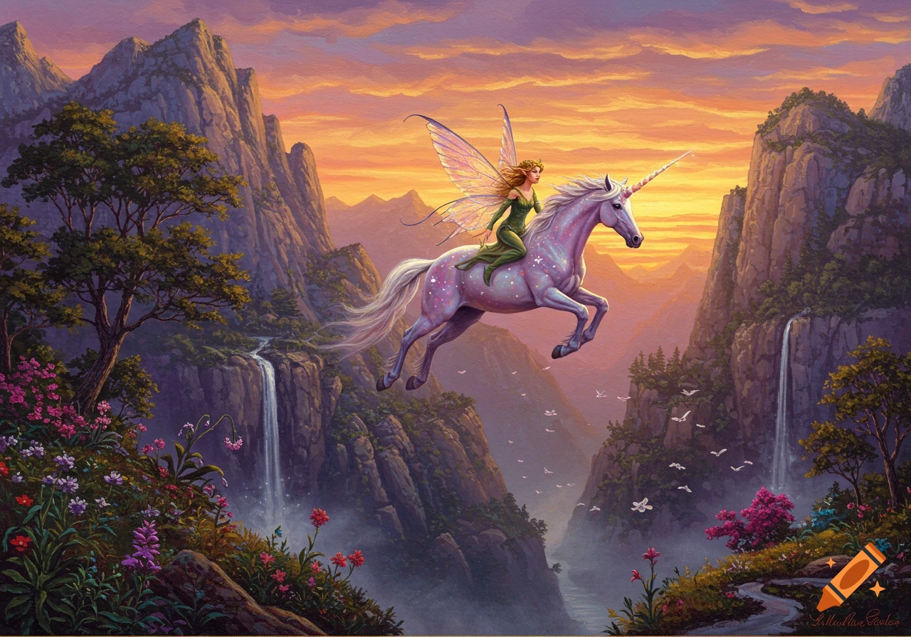 A faerie rides a unicorn over mountains and waterfalls at sunset. on Craiyon