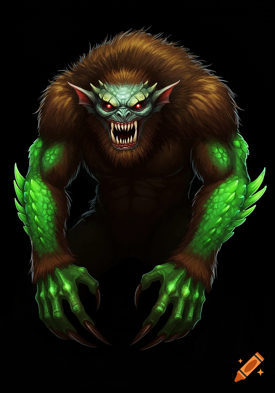 A furry monster with green scaly arms, sharp teeth, and red eyes on a ...