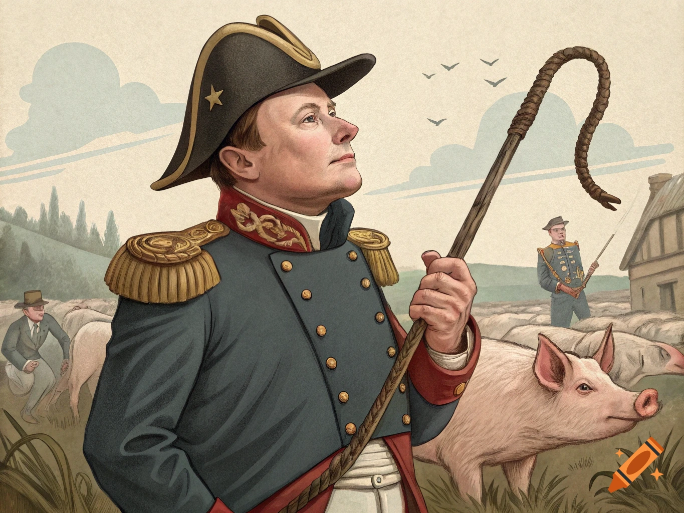 Illustration of a person dressed as Napoleon holding a whip in a field ...