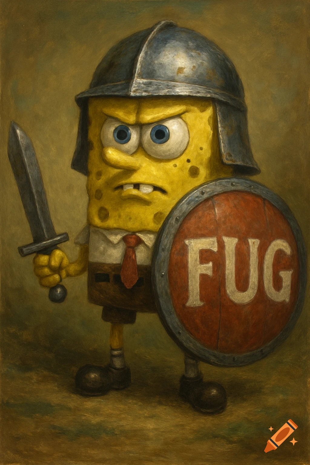 Painting of SpongeBob as a medieval warrior with a sword and shield ...