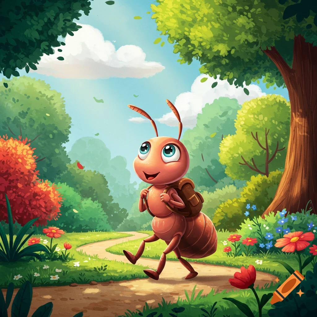 A cute cartoon ant with a backpack walks on a path in a sunny park. on ...