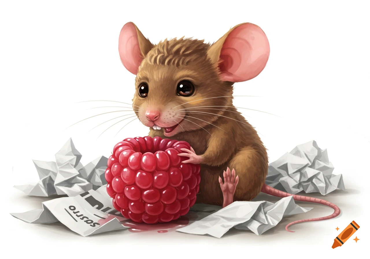 Cute illustrated mouse holding a large raspberry on crumpled white ...