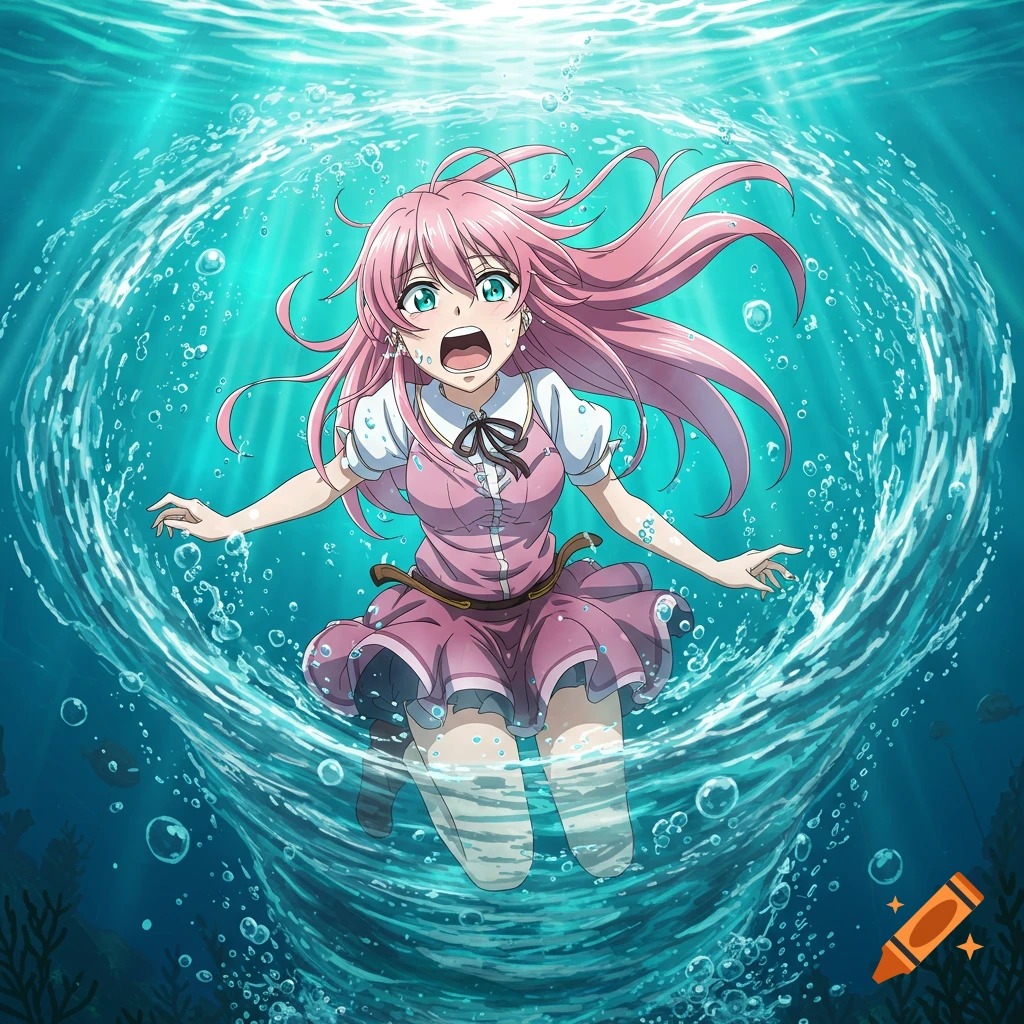 An anime girl with pink hair and green eyes screams underwater ...