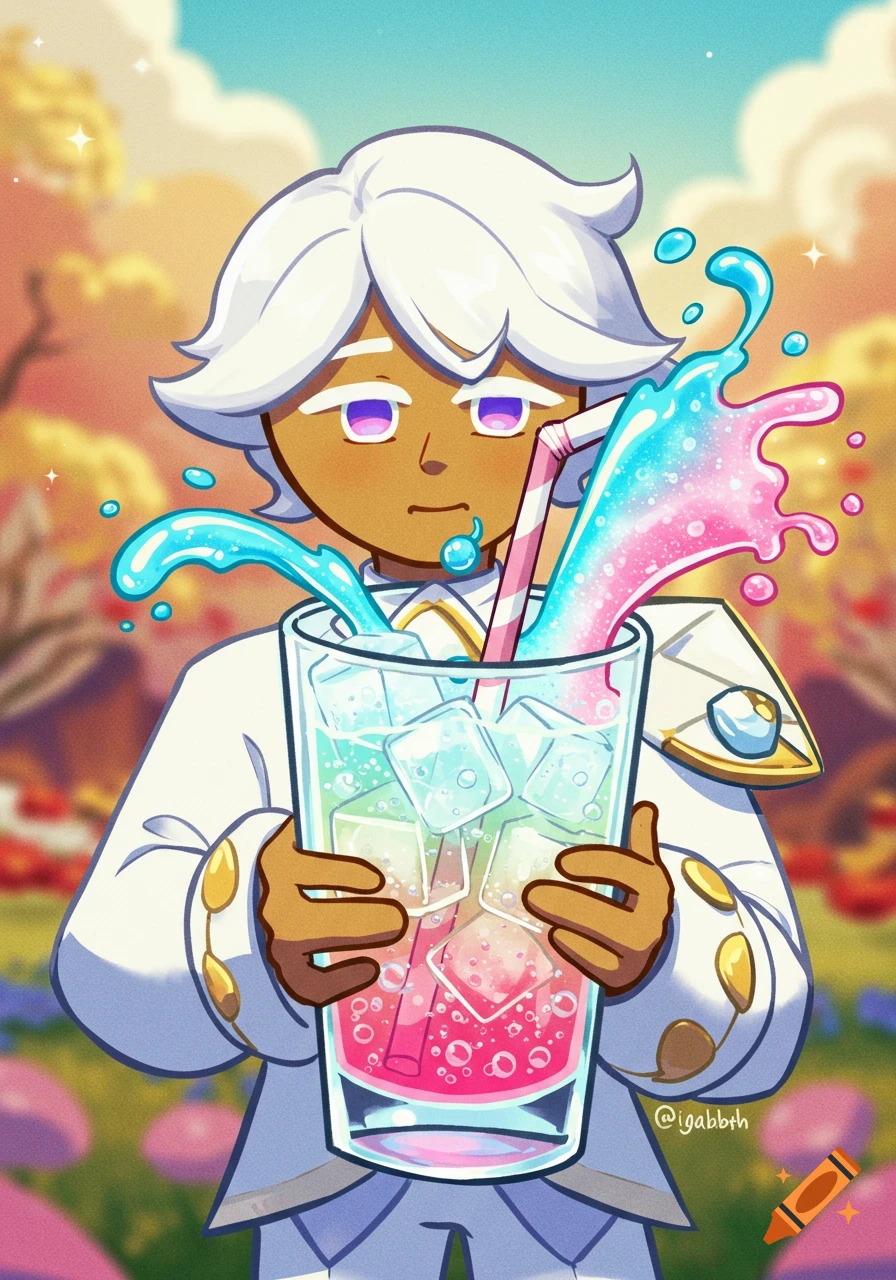 A cartoon character from Cookie Run Kingdom holds a glass of ice soda ...