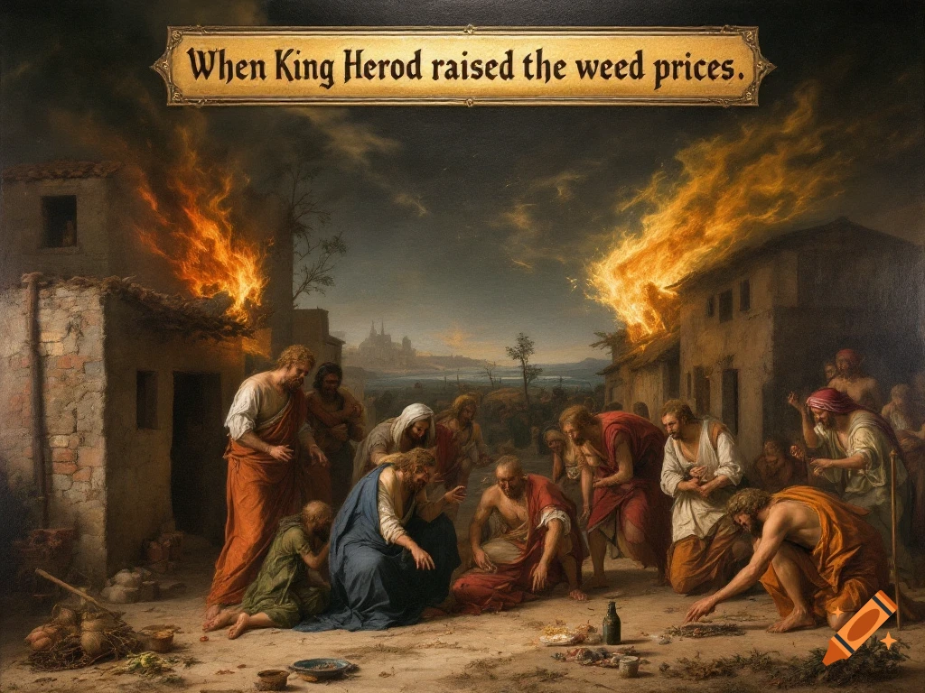 Renaissance-style painting showing people in distress near burning ...