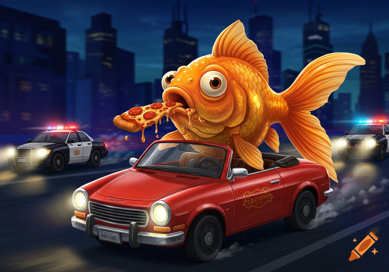 Cartoon fish driving a red convertible and eating pizza while being ...