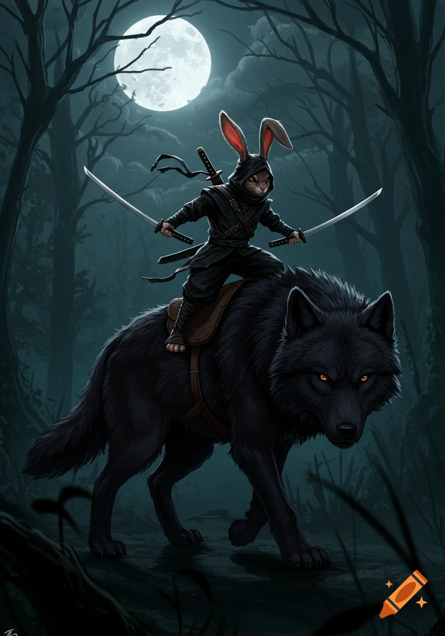 Ninja rabbit riding a black wolf in a dark forest under a full moon. on ...